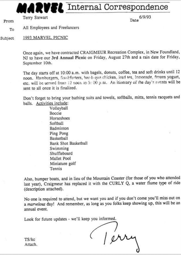 I Bought That Comic 🇺🇦 🌻 on Twitter: "The internal memo for the 1993 Marvel company picnic ...