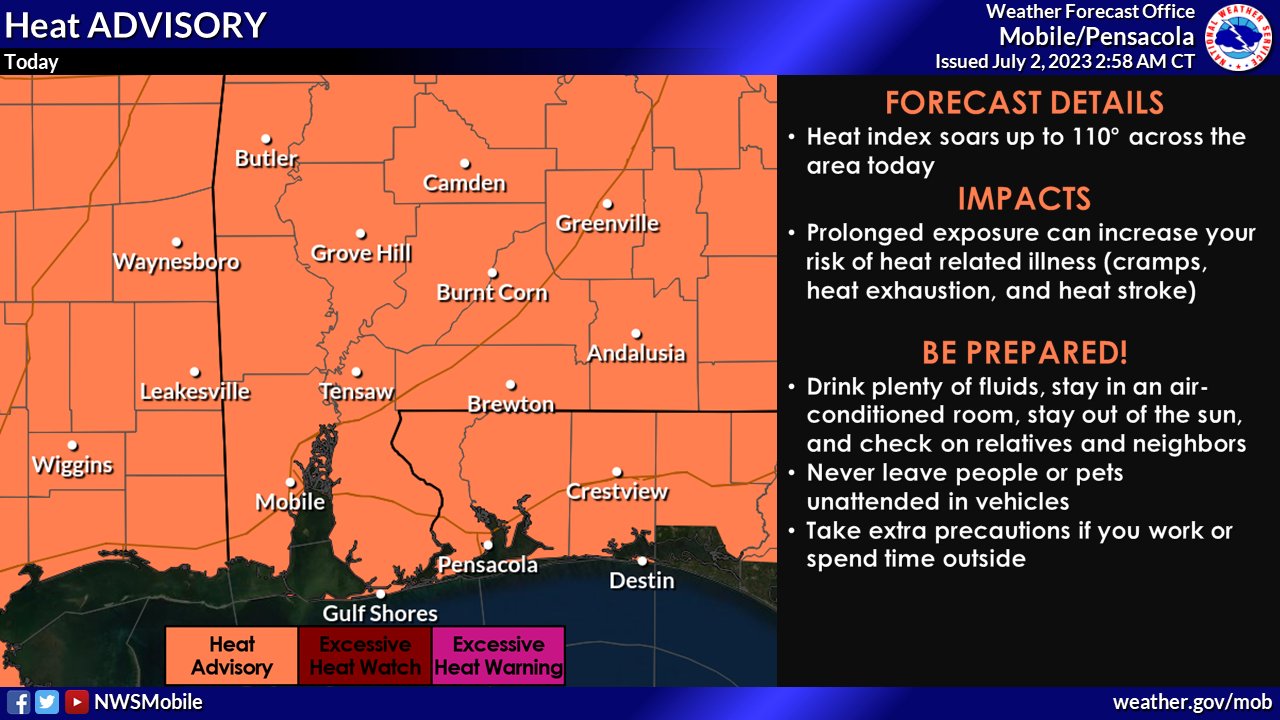 NWS Mobile on Twitter: "A Heat Advisory is in effect for the entire area today, with heat index ...
