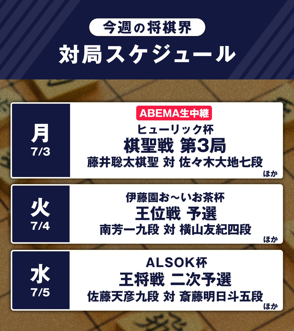 ABEMA将棋ch（アベマ） on Twitter: "╭━━━━━━━━━╮ ☖今週の将棋界☖ 𝟳/𝟯(𝗠𝗼𝗻) - 𝟳/𝟵(𝗦𝘂𝗻) ╰━━━━v━━━━╯ 今週の注目対局をピックアップ ...