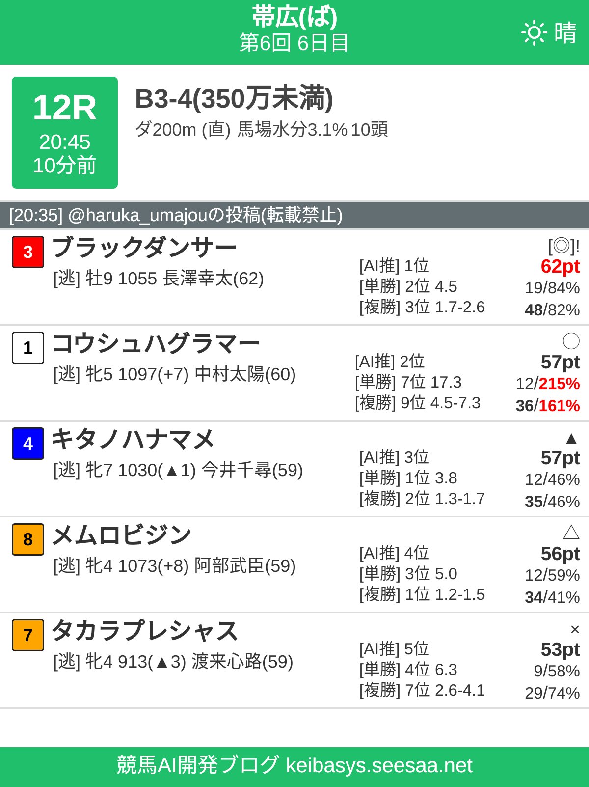 競馬AI 広報担当haruka on Twitter: "帯広12R B3-4(350万未満) 帯広(ば)12RのAI予測全出走馬の詳細情報を無料公開!! https://t.co ...