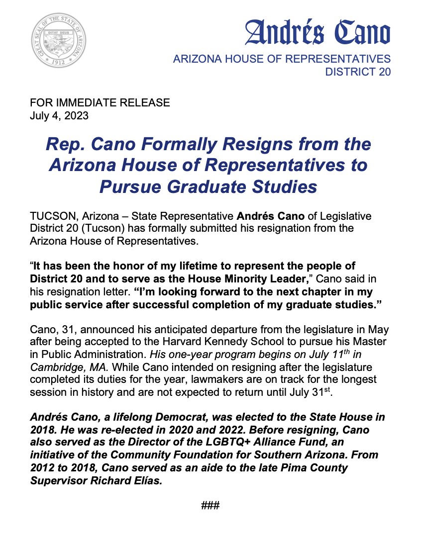 Andrés Cano on Twitter: "I've submitted my formal resignation from the Arizona House of ...