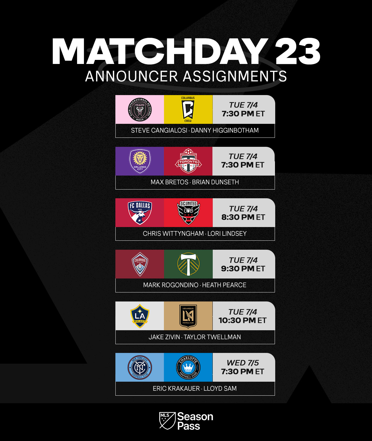 MLS Communications on Twitter: "Below are the MLS Season Pass announcer assignments for Matchday ...