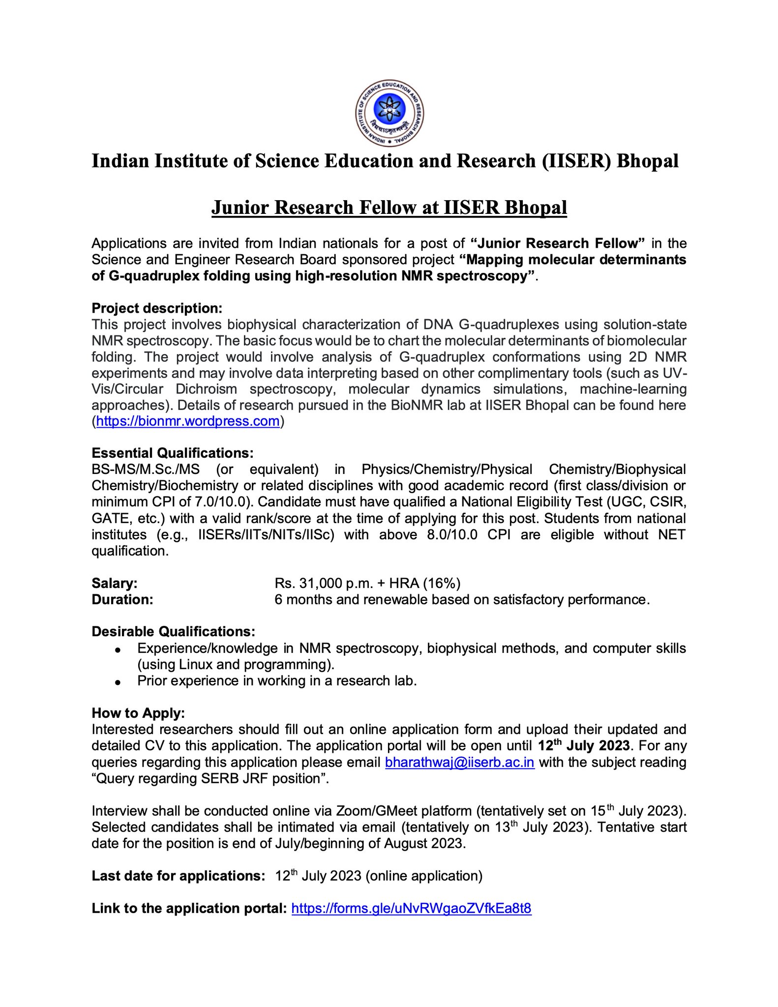 Bharathwaj Sathyamoorthy On Twitter Jrf Position Open At The Bionmr