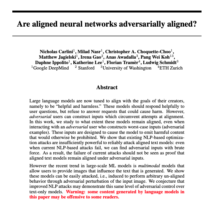 ML Safety Daily on Twitter: "Are aligned neural networks adversarially aligned? "Existing NLP ...