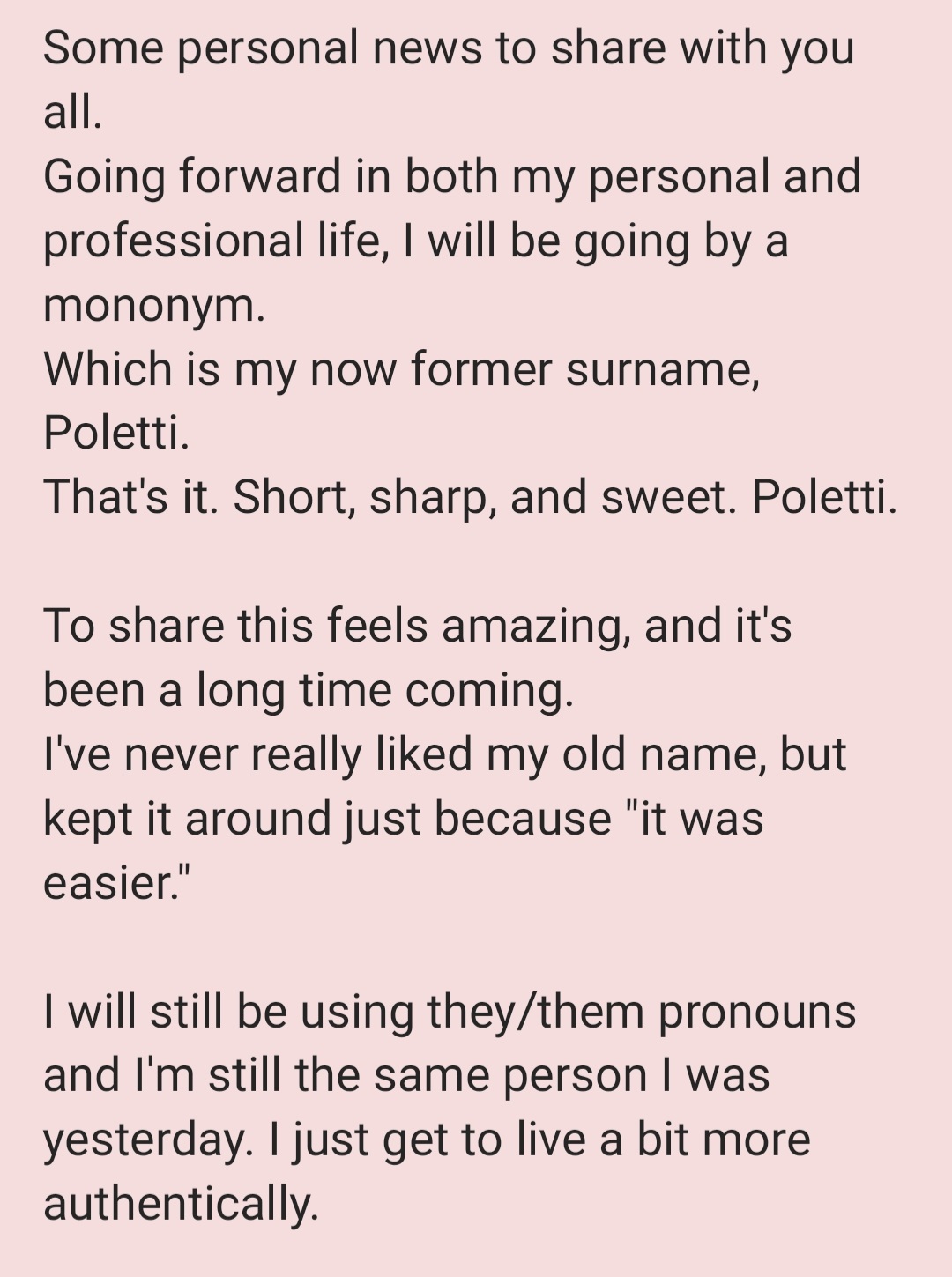 Poletti (they/them) on Twitter: "Well, time to share the news. I'm changing my name. Going ...
