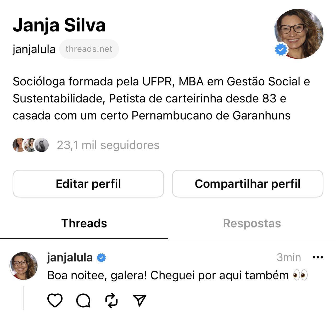 Janja Lula Silva on Twitter: "Boa noitee! Já tão na nova rede? Eu acabei de entrar https://t.co ...