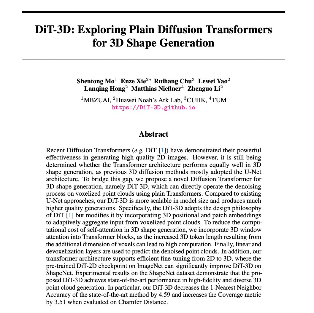 AK on Twitter: "DiT-3D: Exploring Plain Diffusion Transformers for 3D Shape Generation paper ...