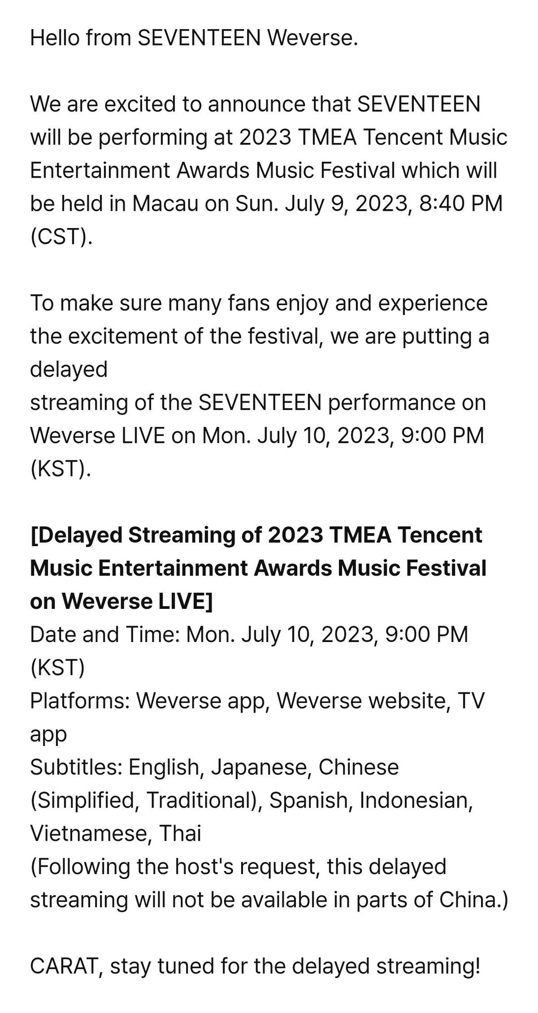 Worldwide Carats 🌸 on Twitter: "* Correction: It is a DELAYED STREAMING of #SEVENTEEN's TMEA ...