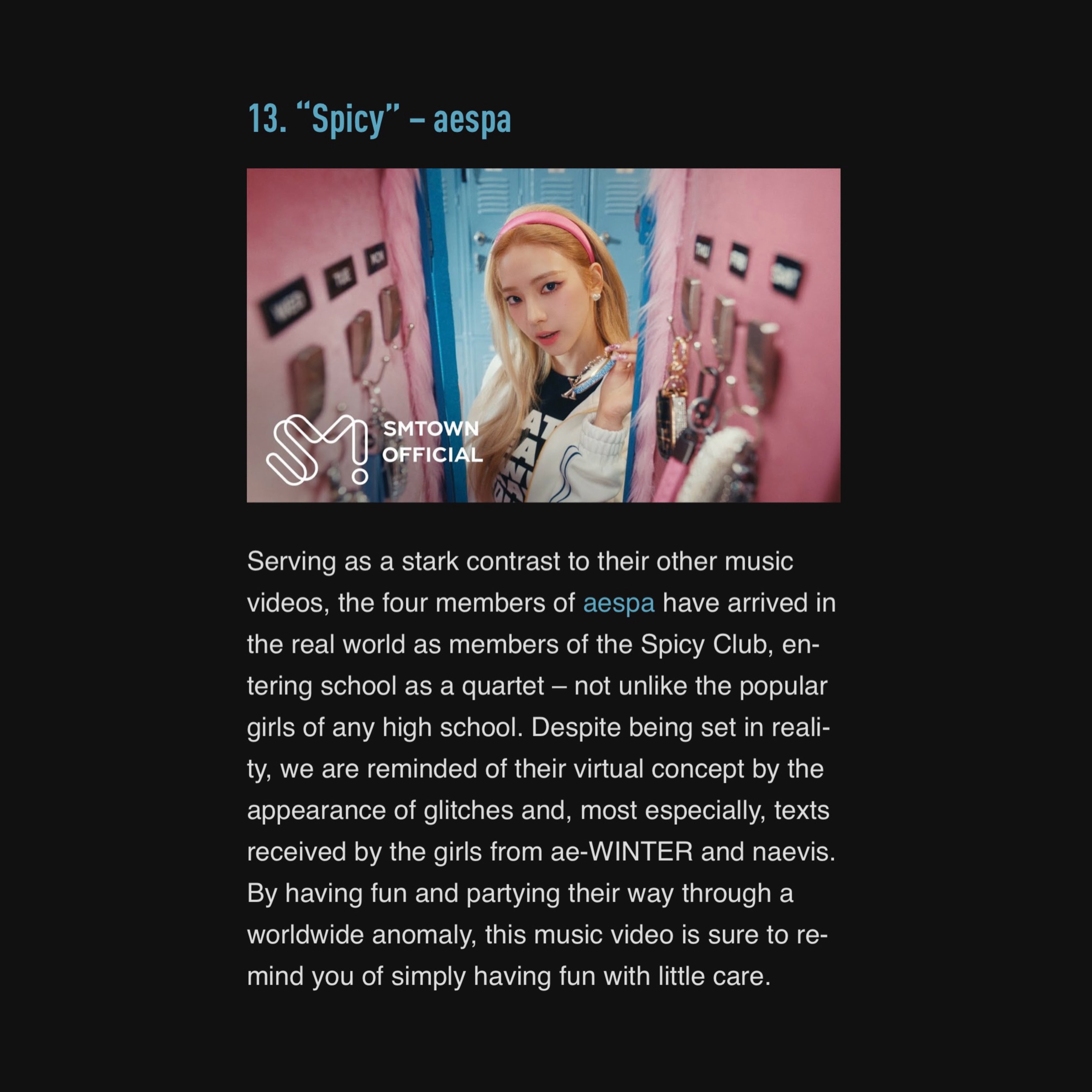 하늘 on Twitter: "Genius Korea names aespa “Spicy” as one of the 20 Best K-Pop Music Videos of ...