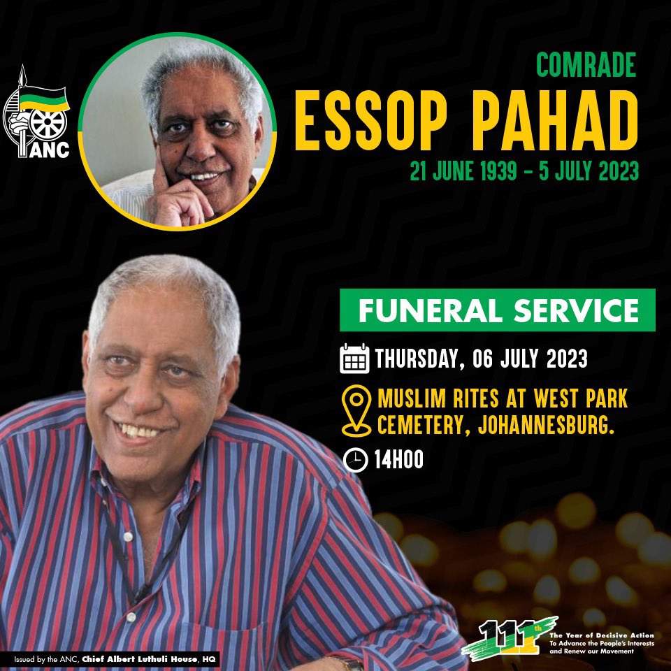 ANC SECRETARY GENERAL | Cde Mbalula on Twitter: "THE ANC MOURNS THE PASSING OF DR. ESSOP GOOLAM ...