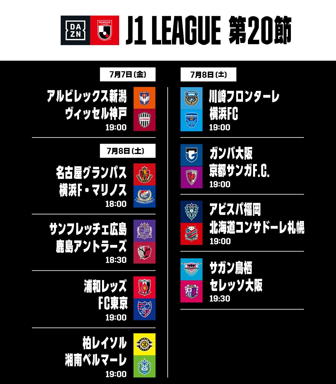 DAZN Japan on Twitter: "／ 週末も見逃せない！ Jリーグ \ 🏆明治安田J1第20節 📅7/7(金) 新潟vs神戸 📅7/8(土) 名古屋vs横浜FM 広島vs鹿島 ...