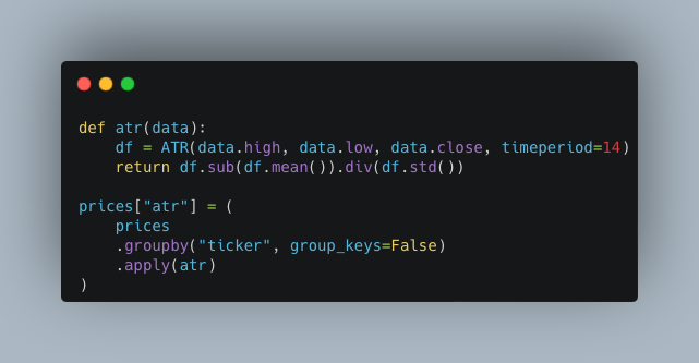 My alpha factor engineering strategy using Average True Range (ATR): 1. Use ATR to assess ...