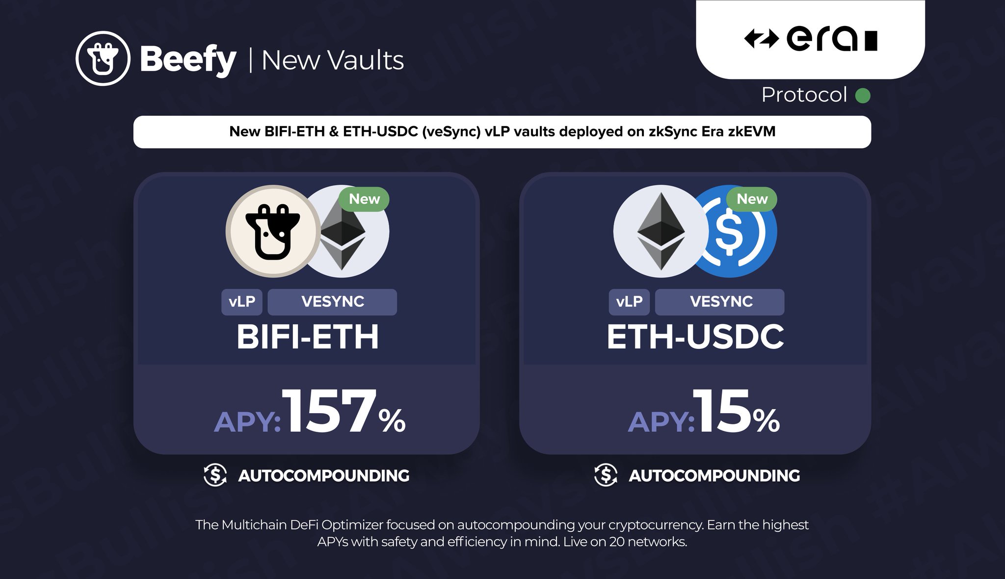 Beefy on Twitter: "Heatin' up #zkSyncEra with @veSyncL2 vaults. 🆕 $BIFI - $ETH: 157% APY 👉 https ...