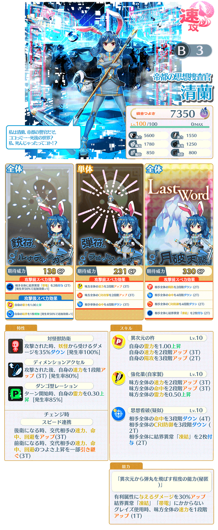 東方LostWord公式（東方ロストワード） on Twitter: "【キャラクター紹介】 「VS複霊特別フェス」おいのりで登場する 「帝都の思想捜査官 清蘭(B3)」のつよさをご紹介 ※上 ...