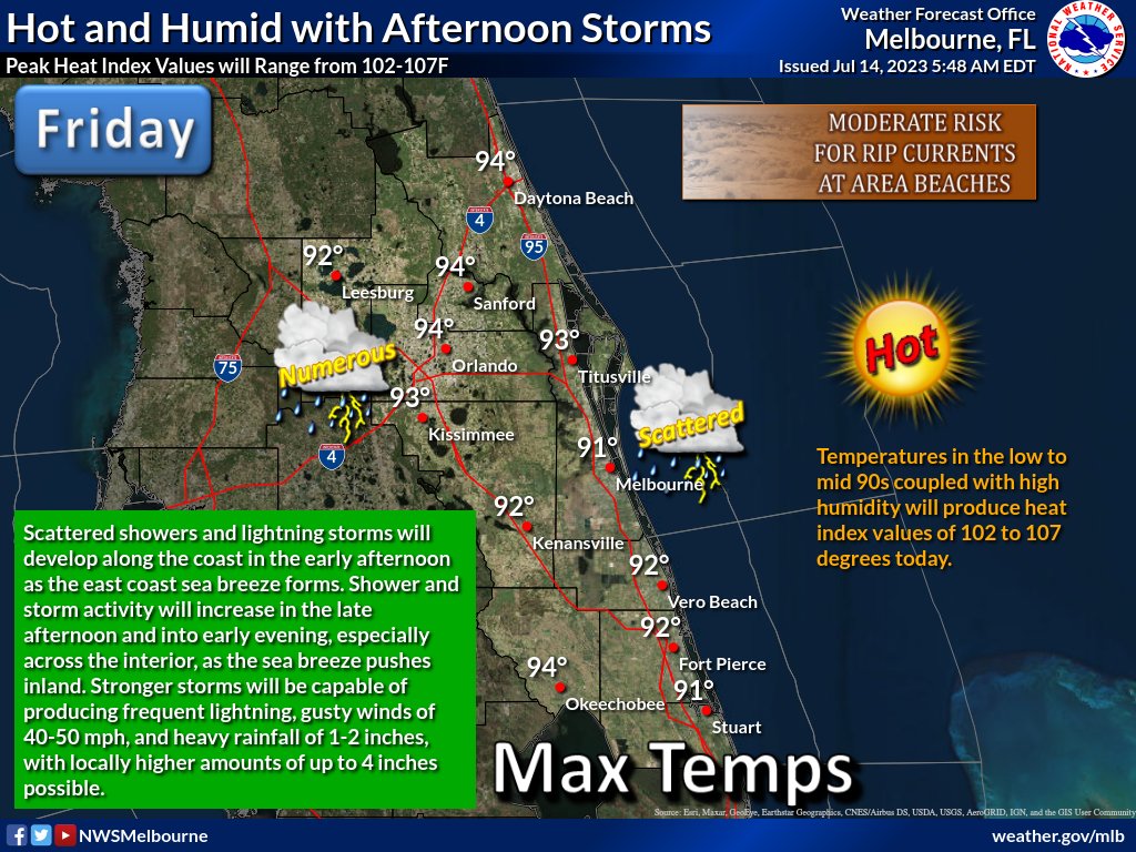 NWS Melbourne on Twitter: "Jul 14 | Scattered to numerous showers and storms this afternoon and ...