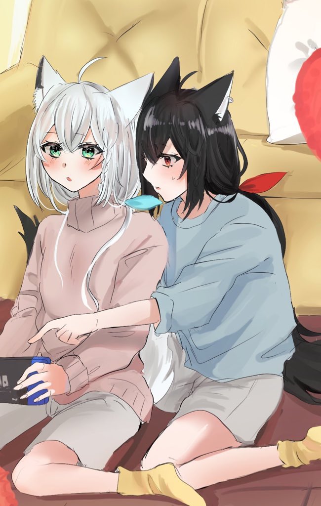shirakami fubuki multiple girls 2girls fox ears animal ears fox girl green eyes white hair ...