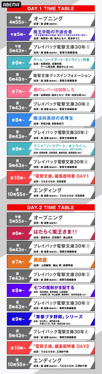 ABEMAアニメ(アベマ) on Twitter: "#電撃文庫 30th 夏の祭典オンライン \7/15(土)・16(日) ABEMA独占配信／ DAY1＆DAY2のタイムスケジュール発表🕐 ...