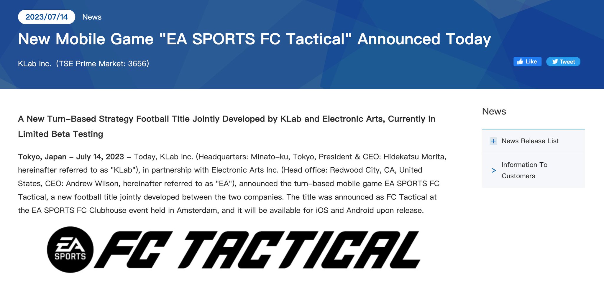 Vincent程楠 on Twitter: "KLab has announced that it will co-develop the turn-based football game ...