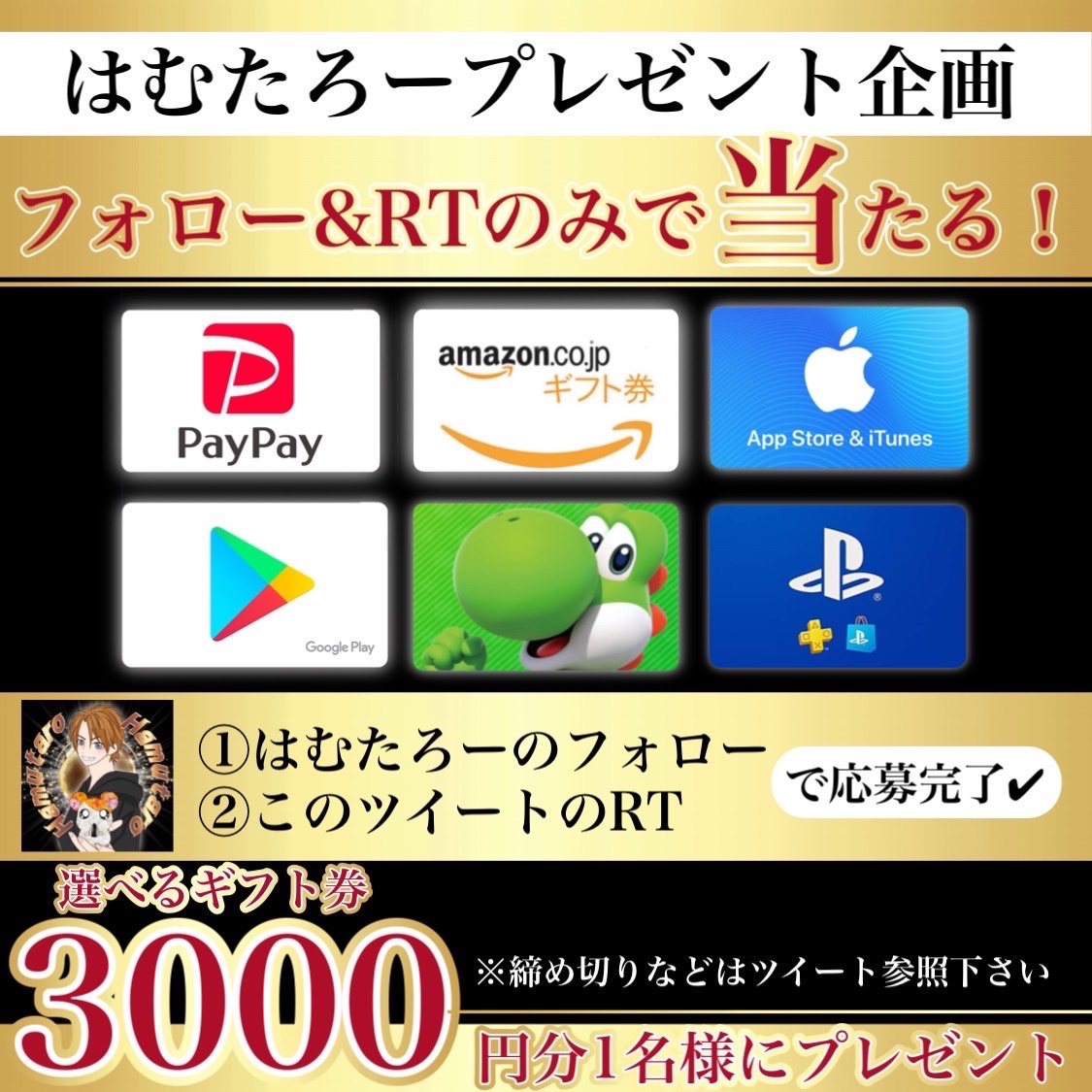 🐹はむたろー🐹 on Twitter: "／ 🐹#プレゼント企画🐹 選べる3,000円 \ 🎁1名様にプレゼント🎁 🔻応募方法🔻 @HamuHamu150 フォロー 本投稿をRT & いいね ...