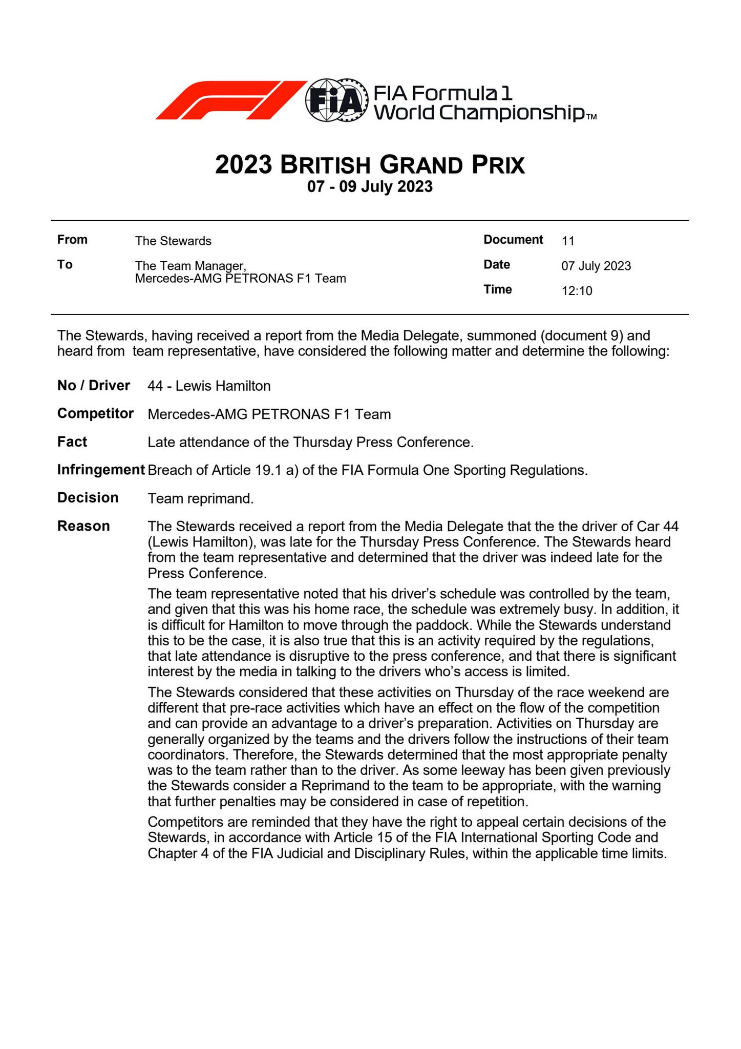 FIA F1 Documents Bot on Twitter: "New document: Infringement - Mercedes - Thursday Press ...