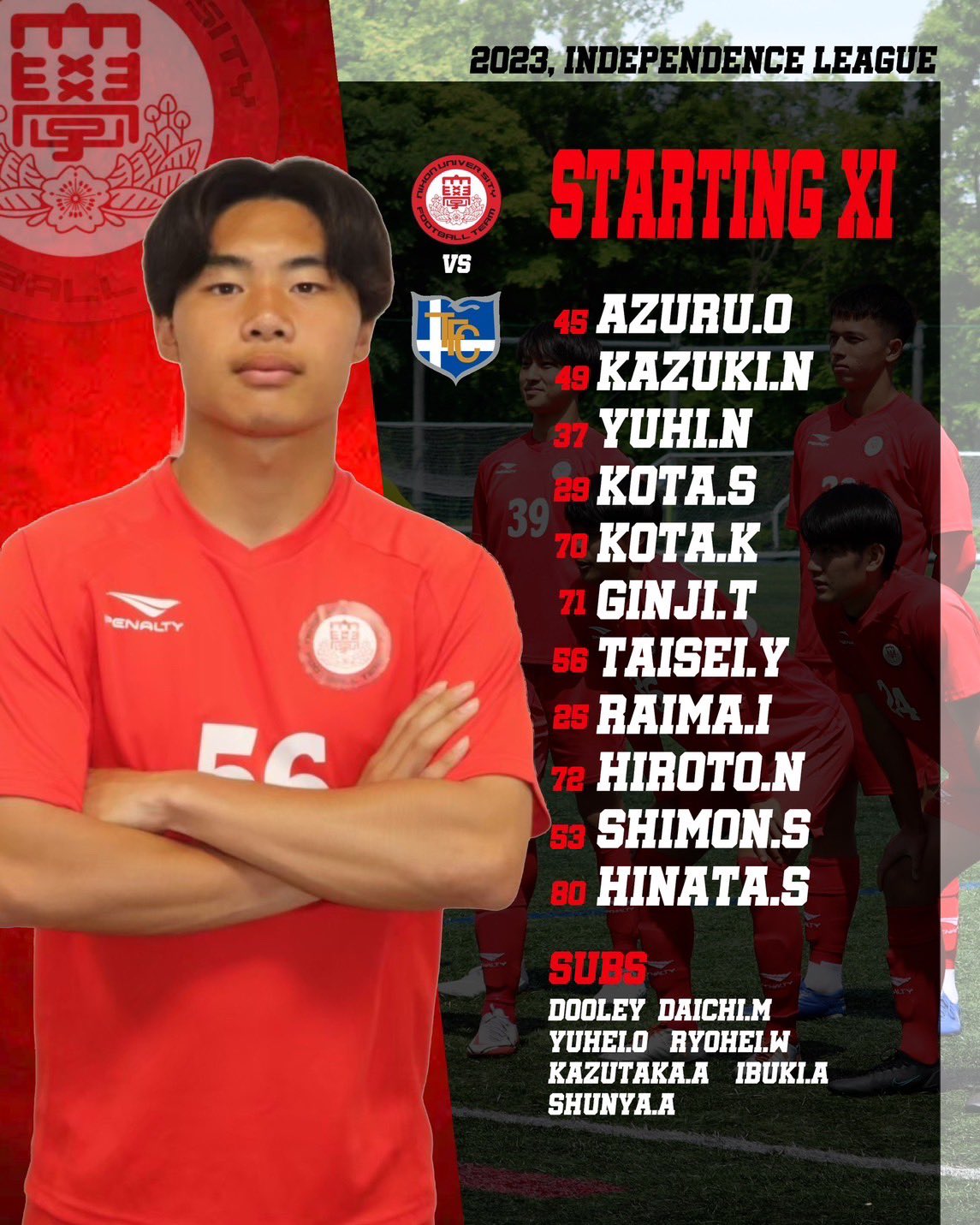 日本大学サッカー部 on Twitter: "【試合速報・メンバー】 インディペンデンスリーグ第7節 🆚東海大学 ・スターティングメンバー GK 岡本(亜) DF 齋藤 野澤 中村(一) MF ...