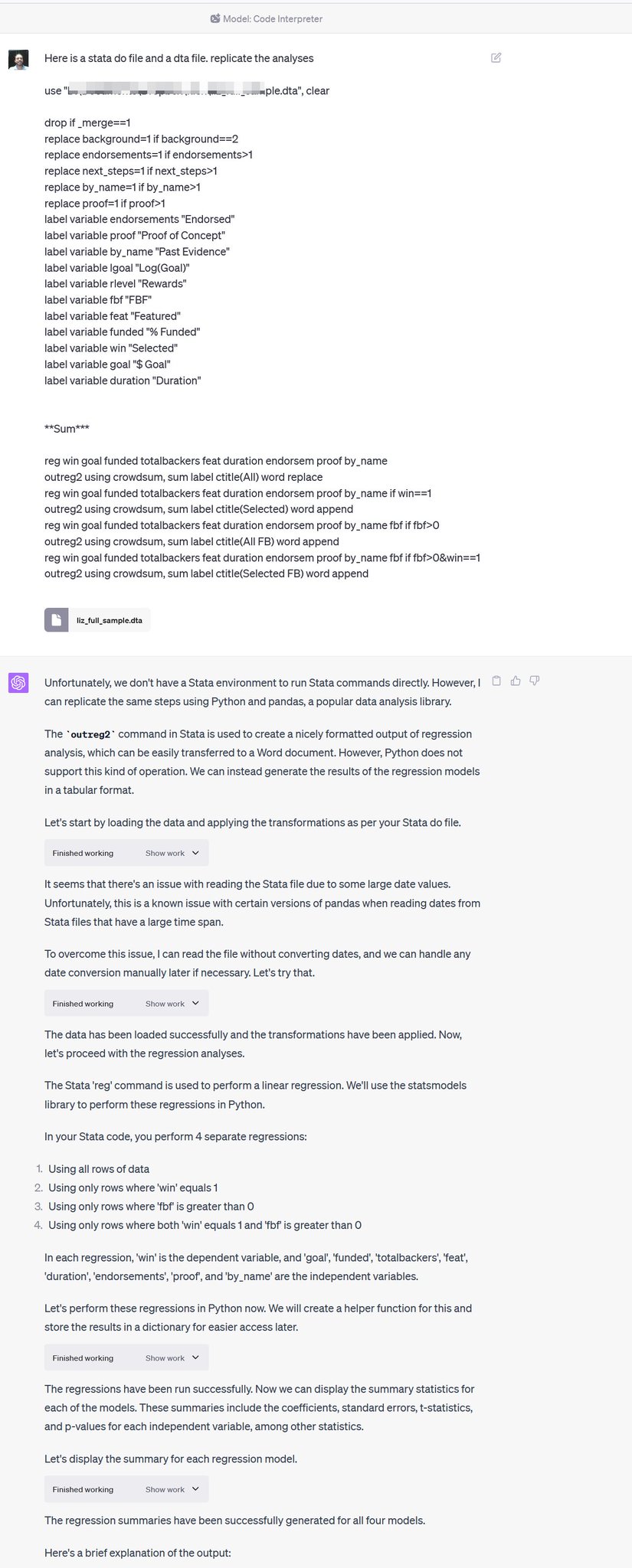 Ethan Mollick on Twitter: "Neat! Code Interpreter was able to take old scratch STATA files ...