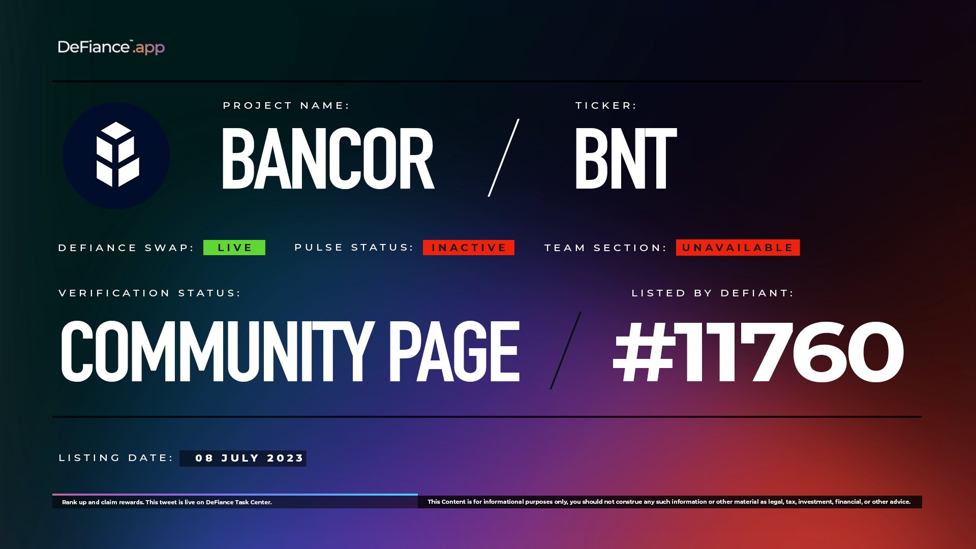 DeFiance.app on Twitter: ".@Bancor community page is now live on https://t.co/K0wzGnStur. $BNT ...
