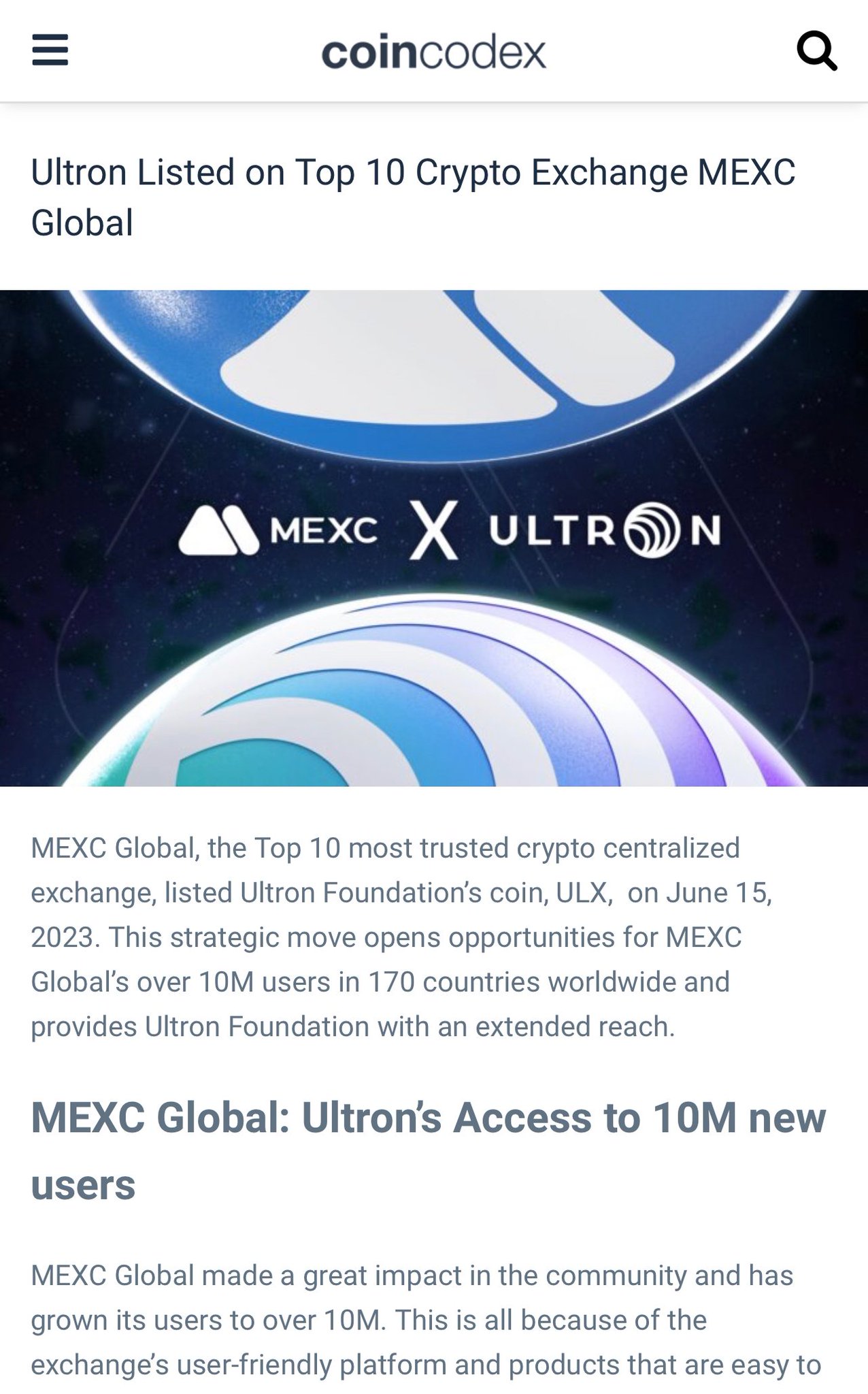 Ultron on Twitter: "🚀 🚨 Premier Crypto Tracker CoinCodex spotlights Ultron's recent listing on ...