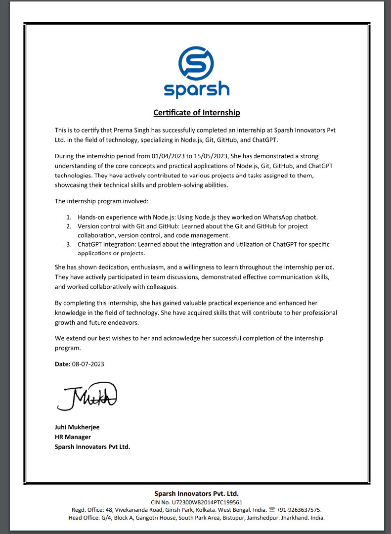Prerna Singh On Twitter Just Received My Internship Certificate From Sparsh Innovators Pvt 