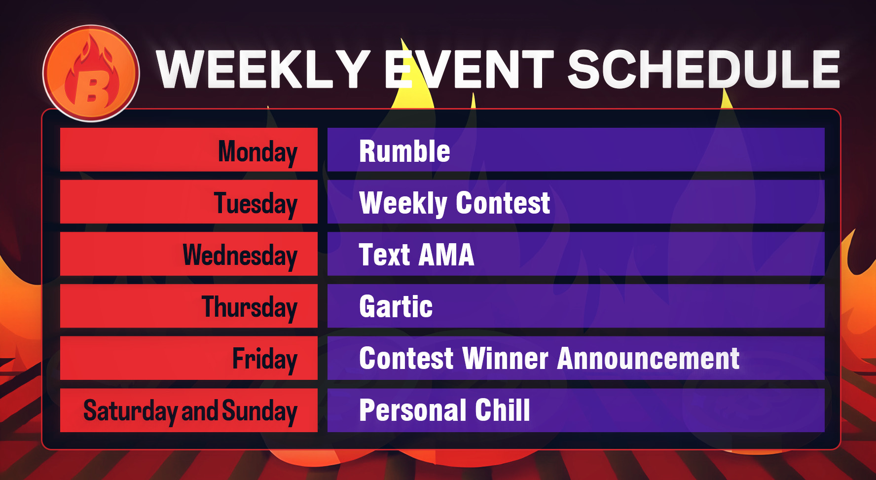 Gas Labs | $Burn 🔥 on Twitter: "📆 Weekly Event Schedule on Gas Burn Discord Community 🎉🔥 Join ...