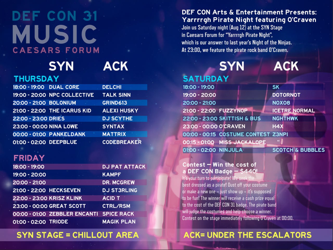 DEF CON A&E on Twitter: "The #DEFCON 31 music schedule is out! We have 2 stages: SYN and ACK ...