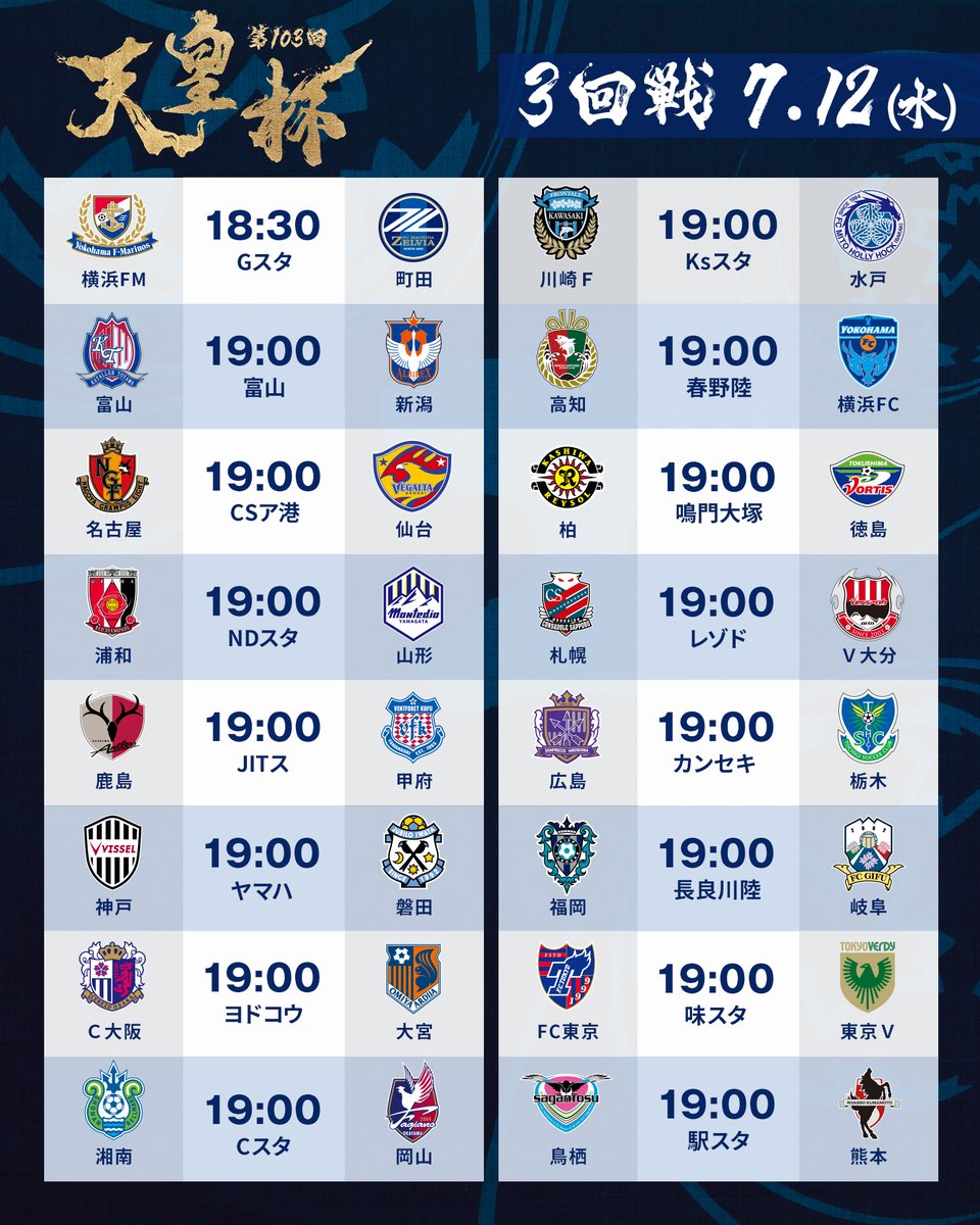天皇杯 JFA 第103回全日本サッカー選手権大会 on Twitter: "\\ 今 週 開 催// 🏆天皇杯 3回戦🏆 📝7/12(水) 対戦カード📝 #横浜F・マリノス vs #FC町田 ...