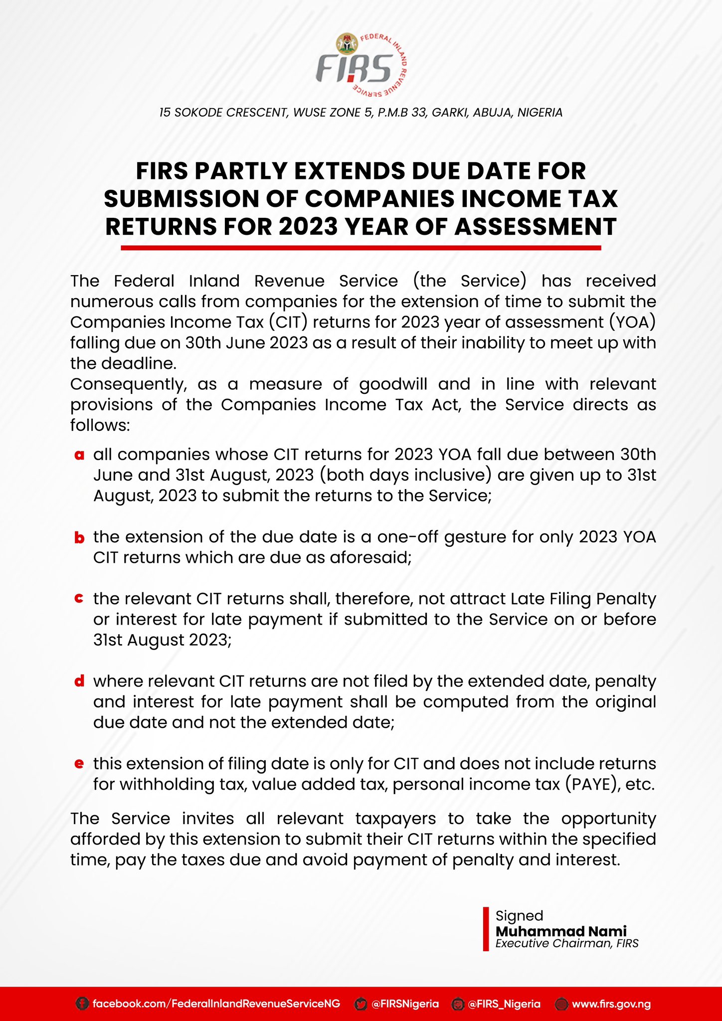 Federal Inland Revenue Service NG on Twitter: "FIRS PARTLY EXTENDS DUE DATE FOR SUBMISSION OF ...