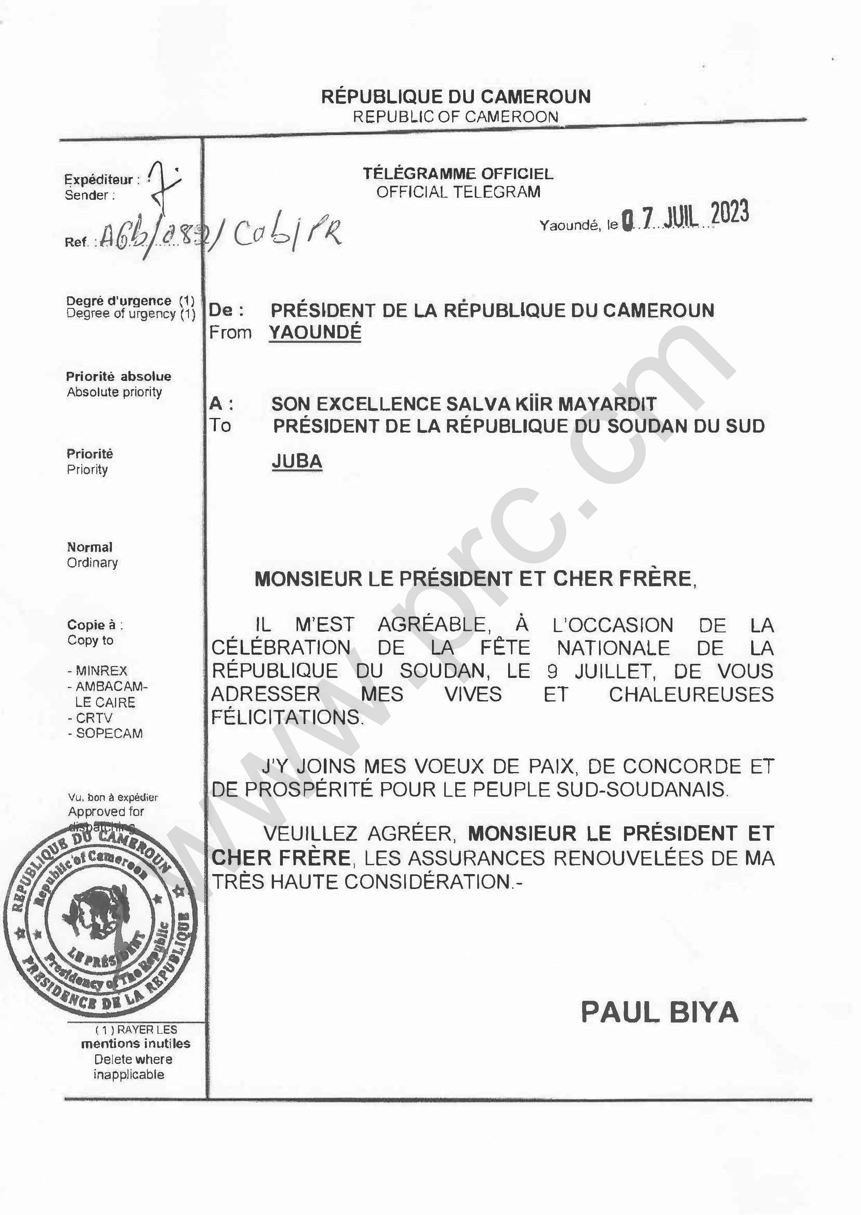 Paul Biya félicite Salva Kiir pour la fête nationale du Soudan du Sud