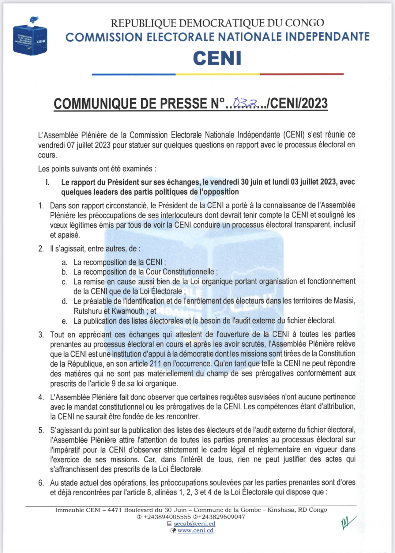 Ceni-RDC on Twitter: "COMMUNIQUE DE PRESSE N°032/CENI/2023 Relatif aux échanges entre le ...