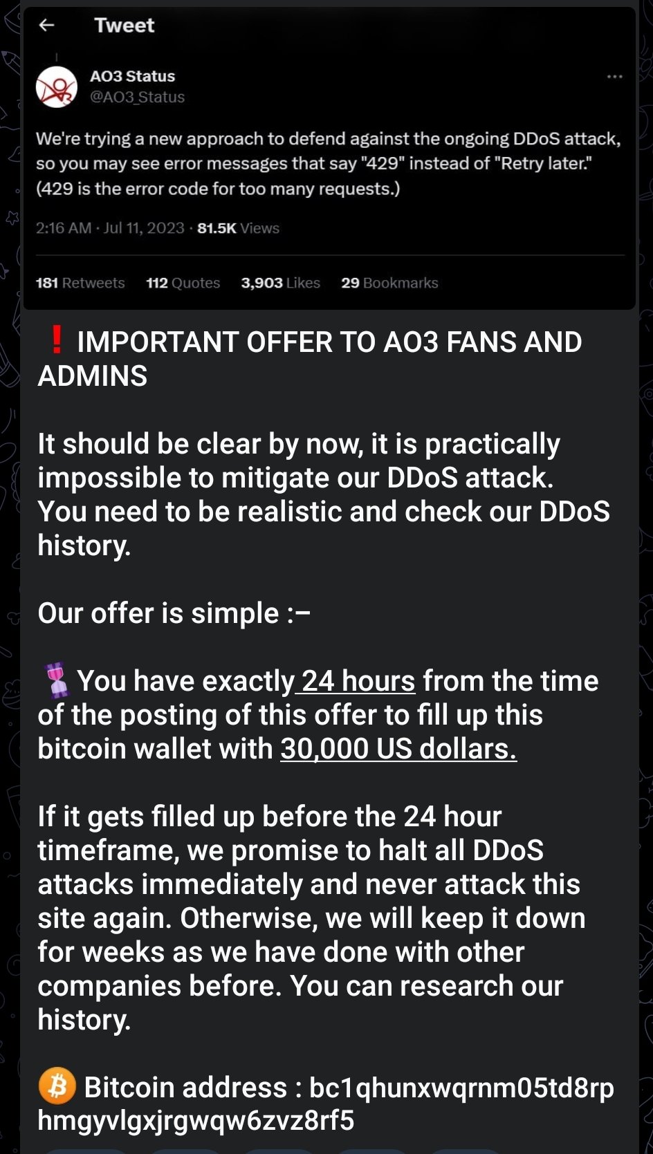 CyberKnow on Twitter: "AS Sudan has given an ultimatum to AO3 - pay 30,000 in bitcoin, or they ...