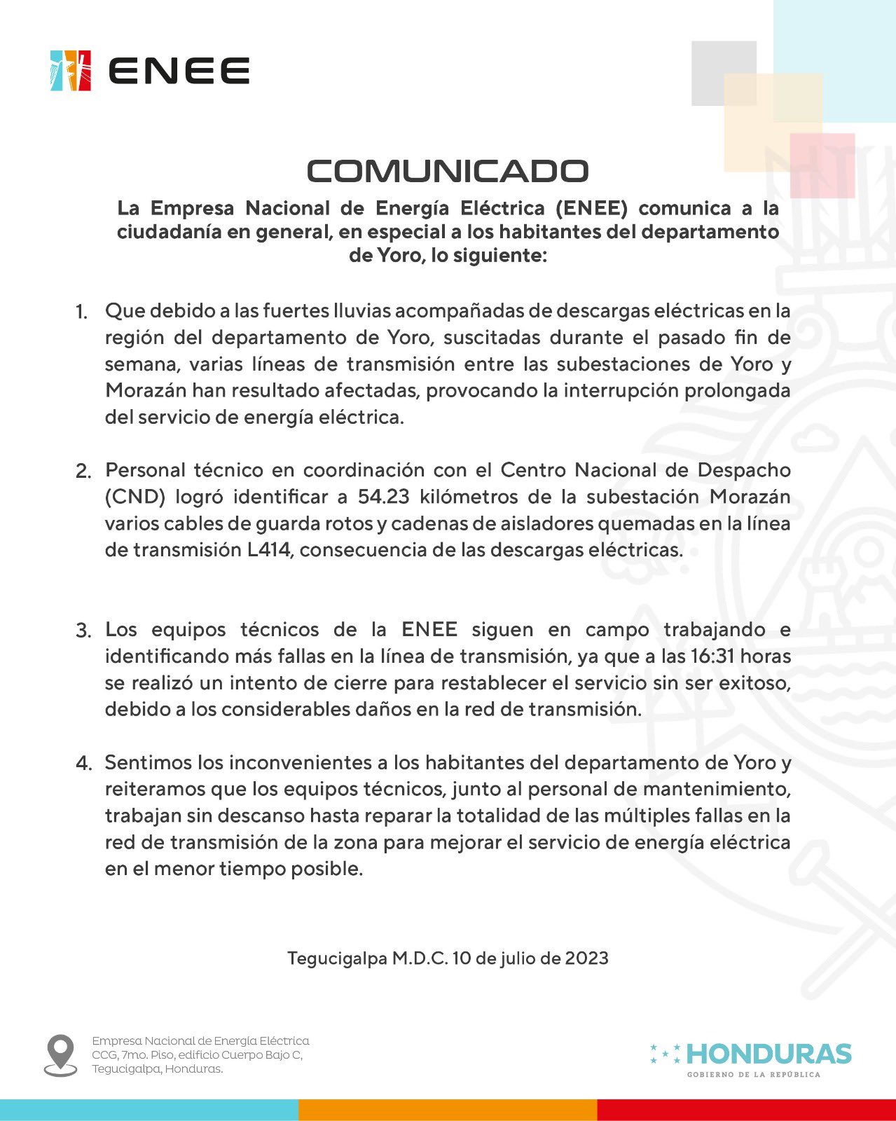 Secretaría de Prensa de Honduras on Twitter: "📌COMUNICADO || La @EneeHnOficial comunica a la ...