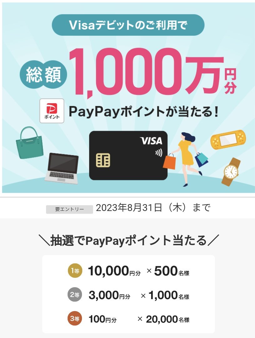 ash@ on Twitter: "PayPay銀行 Visaデビットを500円以上利用で総額1,000万円分のPayPayポイント 利用金額を増やすと抽選口数増えるみたいですが、複数当選し ...