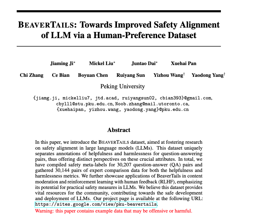 ML Safety Daily on Twitter: "BeaverTails: Towards Improved Safety Alignment of LLM via a Human ...
