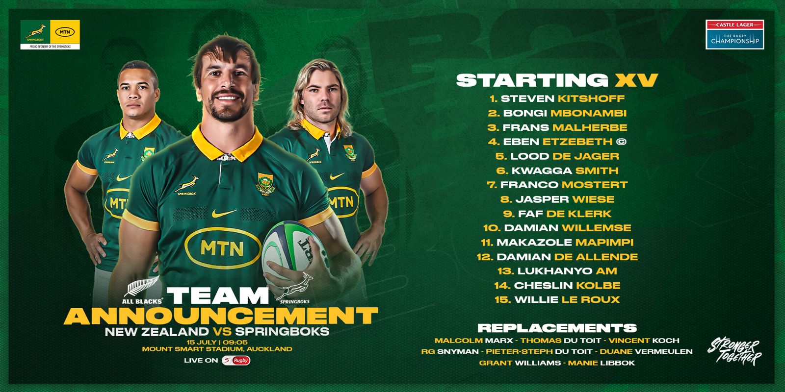 Springboks on Twitter: "Etzebeth will lead the #Springboks in Auckland as De Allende and Am are ...