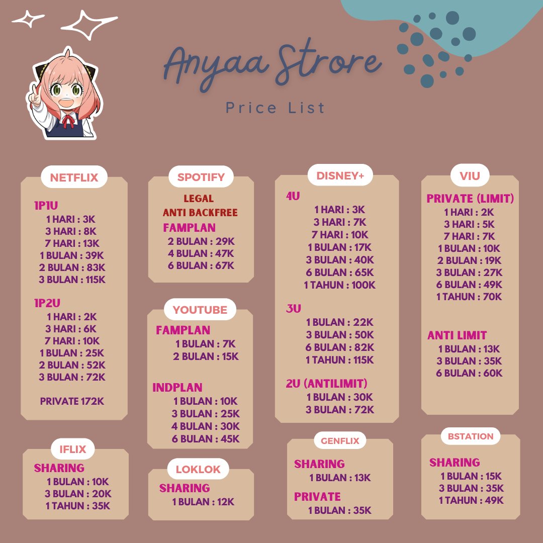 Anya jual apk prem murah on Twitter: "[NEW PRICE LIST] ANYAA STORE PRESENTS (𓁹‿𓁹) Ada netflix ...