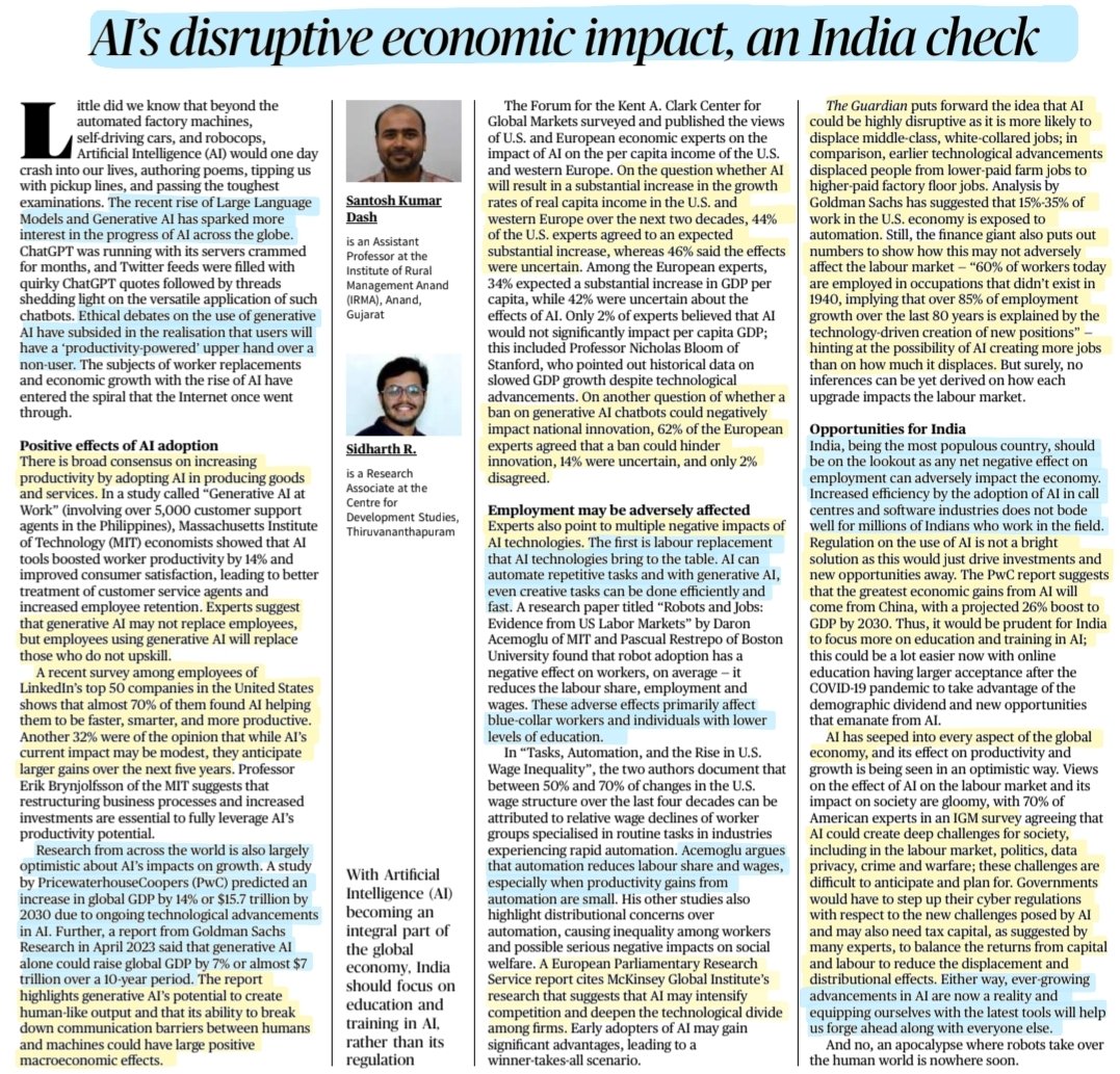 Ravikant Yadav on Twitter: ""AI's disruptive economic impact, a India check" : Explained by Sh ...