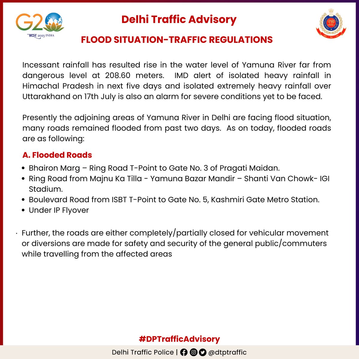 Delhi Traffic Police on Twitter: "Traffic Advisory Due to incessant rains and rising water level ...