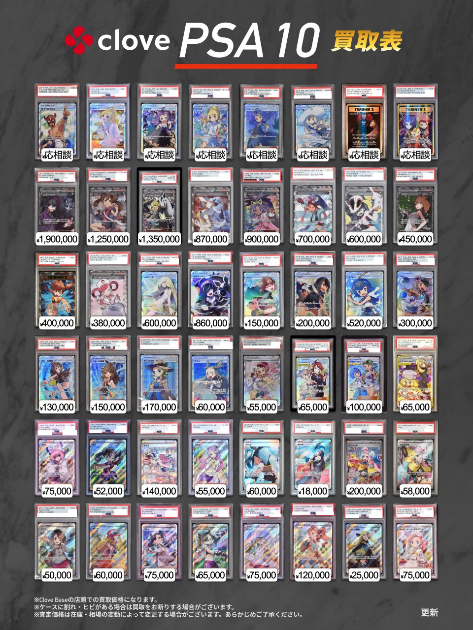 Clove Base なんば店 on Twitter: "本日からのポケカPSA10の買取表を更新致しました ️ 「リーリエ PSA10」「アセロラ PSA10」などポケカPSA10買取強化中 ...