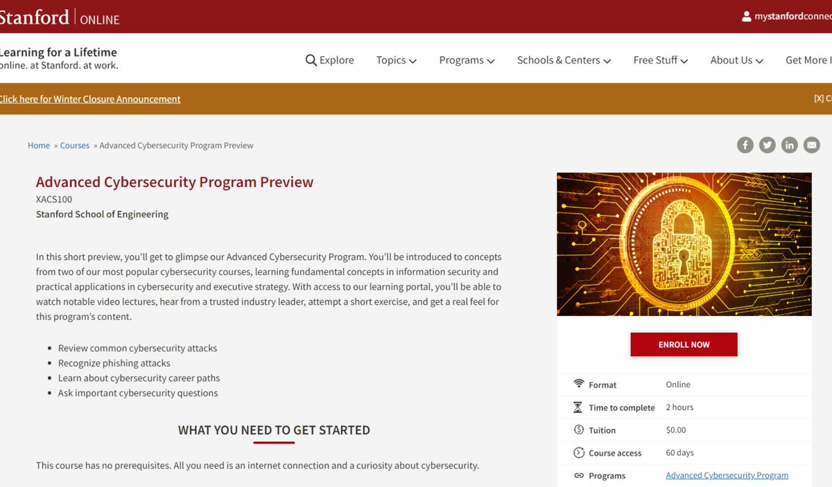 Stanford University is offering free online courses. There is no fee or application needed. Here ...