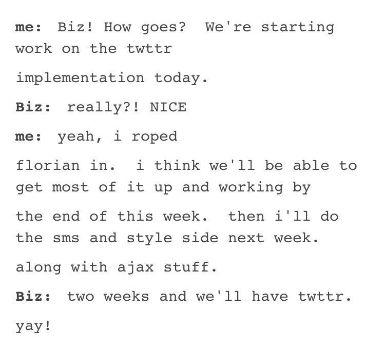 Jon Erlichman on Twitter: "Here’s the chat between Jack Dorsey and Biz Stone when programming ...
