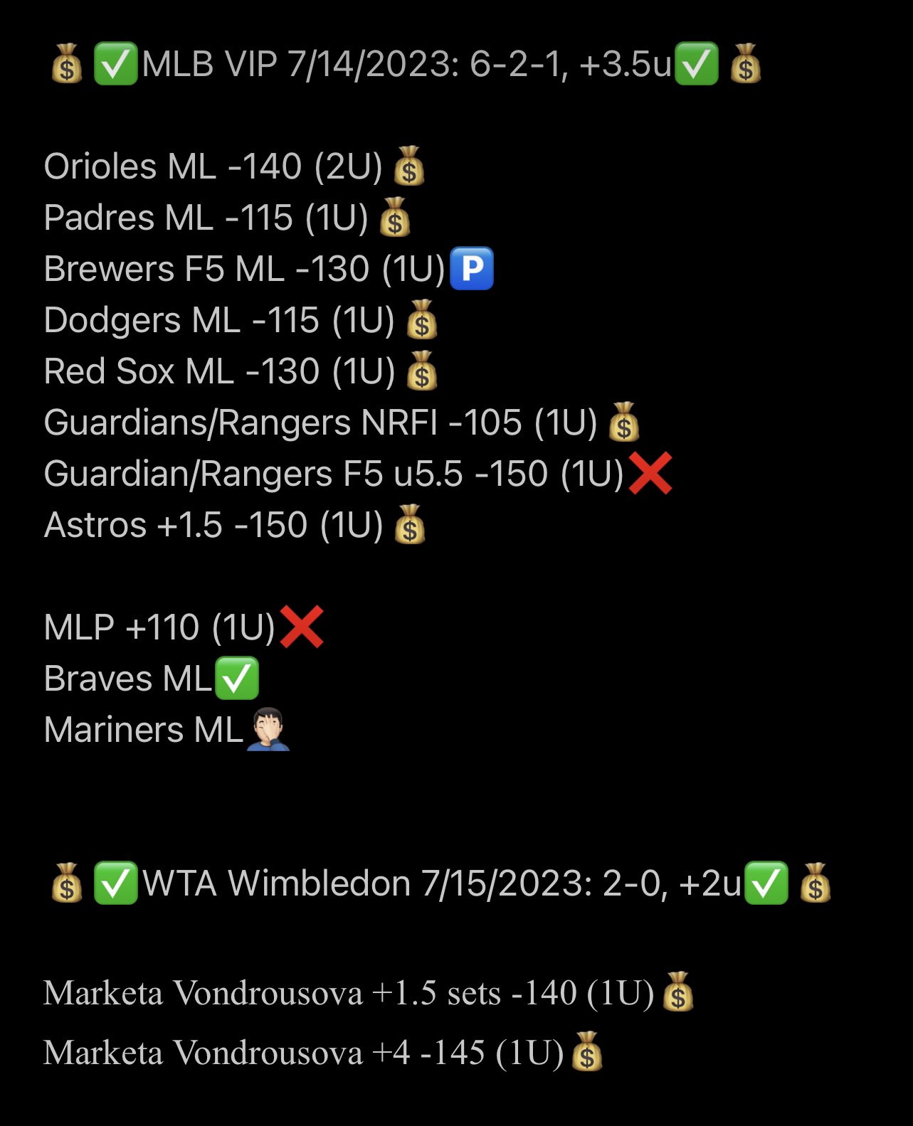 GreatWhiteBets💭 on Twitter: "💰 MLB VIP 7/14: 6-2-1, +3.5u 💰 First day back from ASB was another ...