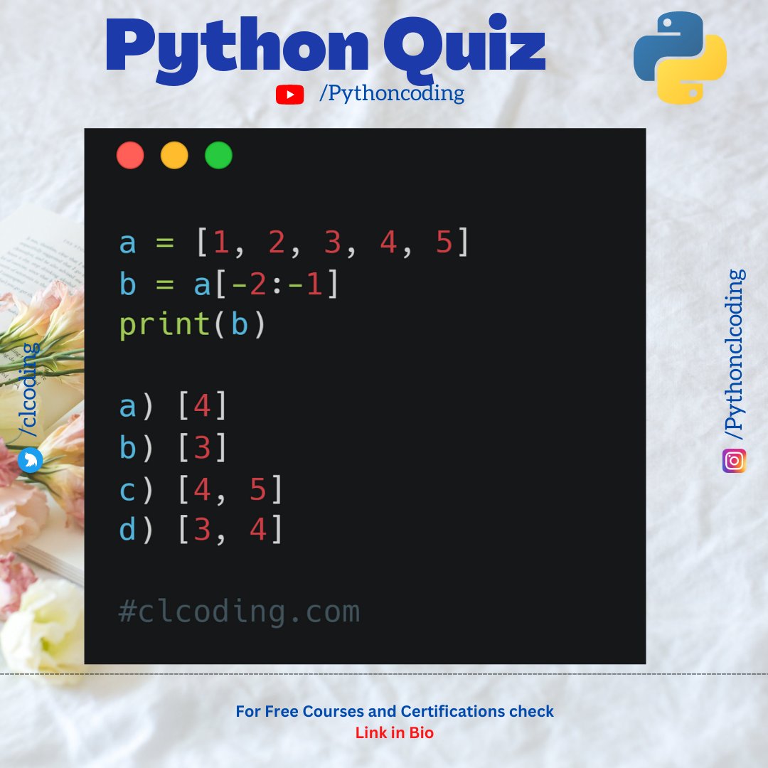 Python Coding On Twitter What Is The Output Of Following Python Code Python Quiz 100 Days