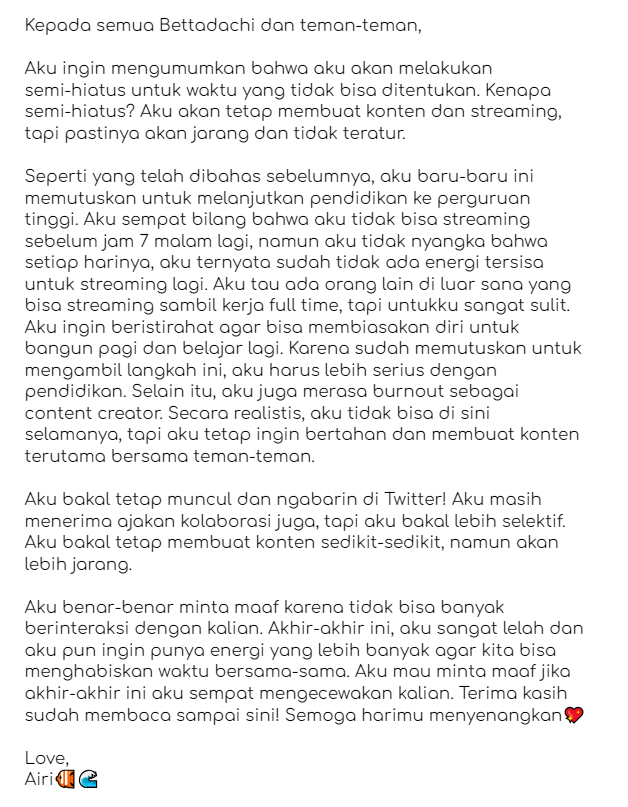 Airi Cordelia 🐠🌊【AKA Virtual】 on Twitter: "[ANNOUNCEMENT] I'm going on semi-hiatus for a while!"