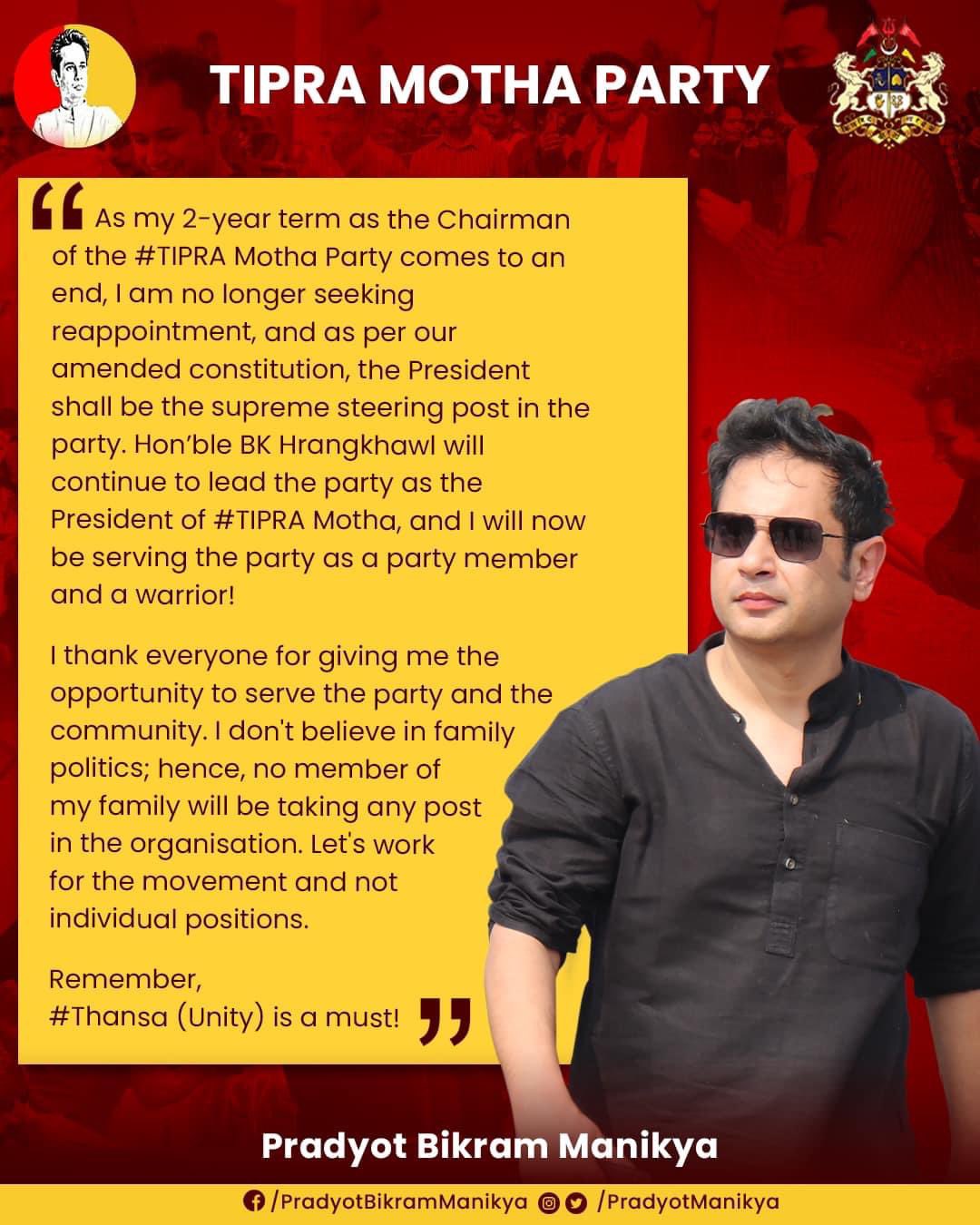 Pradyot_Tripura on Twitter: "As my 2-year term as the Chairman of the #TIPRA Motha Party comes ...